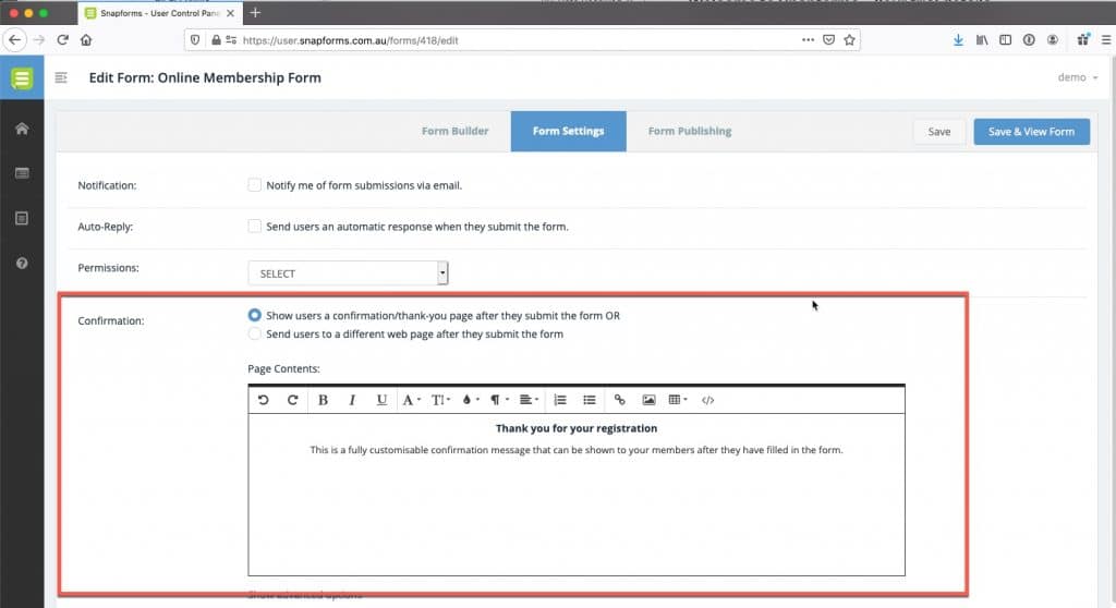 Confirmation Page - Snapforms Resources & FAQs